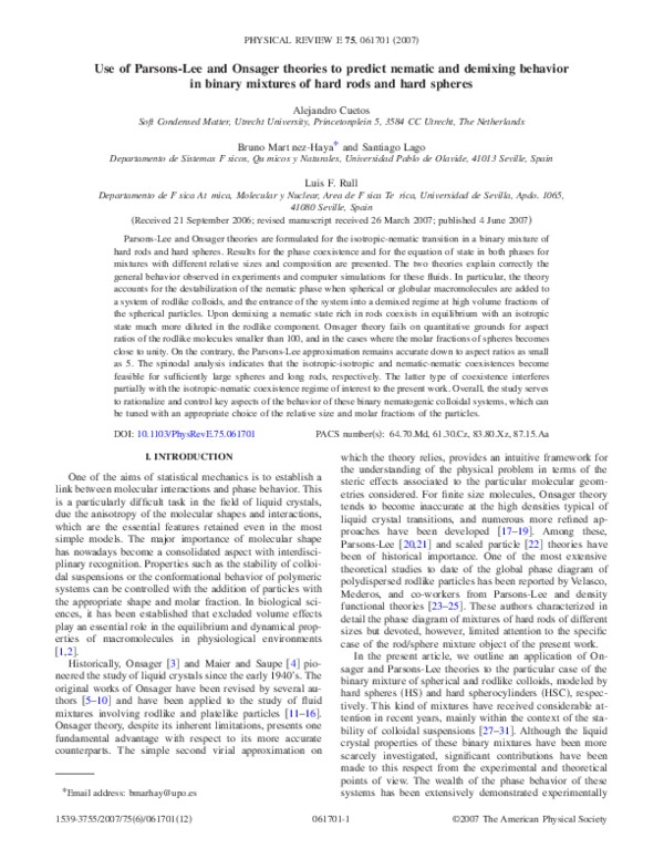 (PDF) Use of Parsons-Lee and Onsager theories to predict nematic and demixing behavior in binary ...