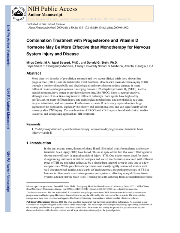 (PDF) Combination treatment with progesterone and vitamin D hormone may ...