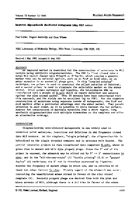 (PDF) Improved oligonudeotide site-directed mutagenesis using M13 vectors
