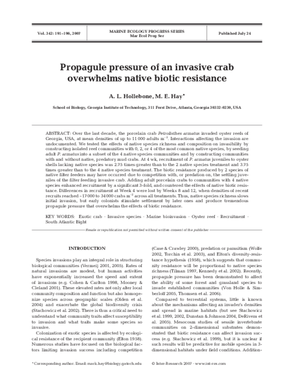 (PDF) Propagule pressure of an invasive crab overwhelms native biotic ...