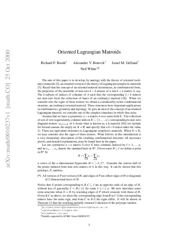 (PDF) Oriented Lagrangian Matroids