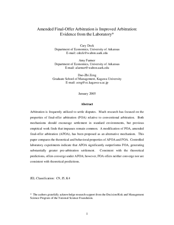 (PDF) Amended Final-Offer Arbitration is Improved Arbitration: Evidence ...