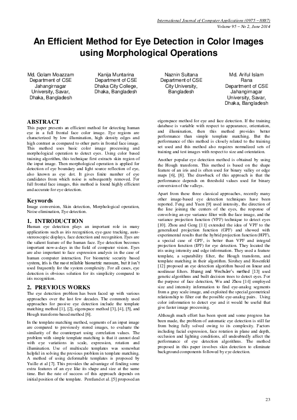Pdf An Efficient Method For Eye Detection In Color Images Using