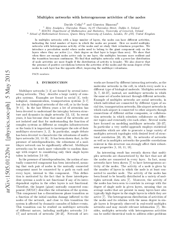 (PDF) Multiplex networks with heterogeneous activities of the nodes