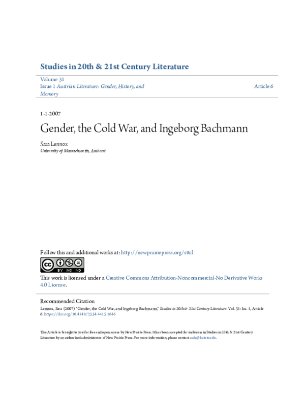 (PDF) Gender, the Cold War, and Ingeborg Bachmann
