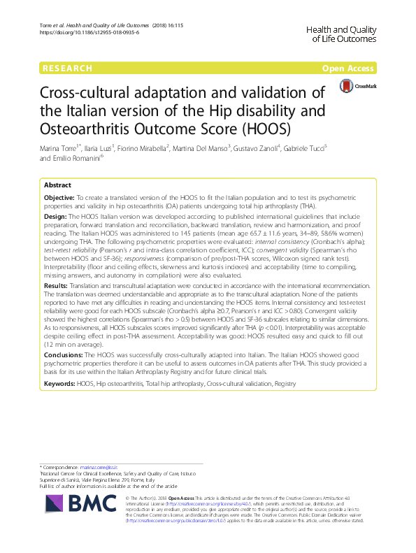 Pdf Cross Cultural Adaptation And Validation Of The Italian Version Of The Hip Disability And