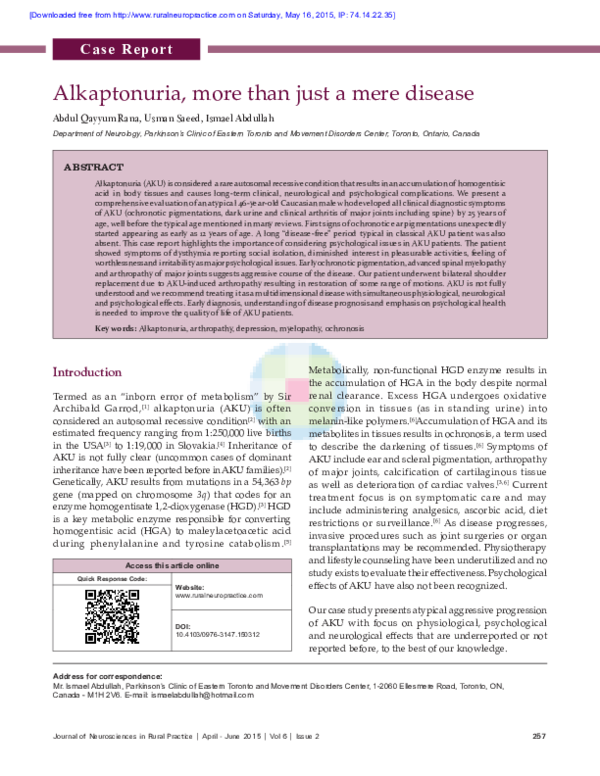 (PDF) Alkaptonuria, more than just a mere disease