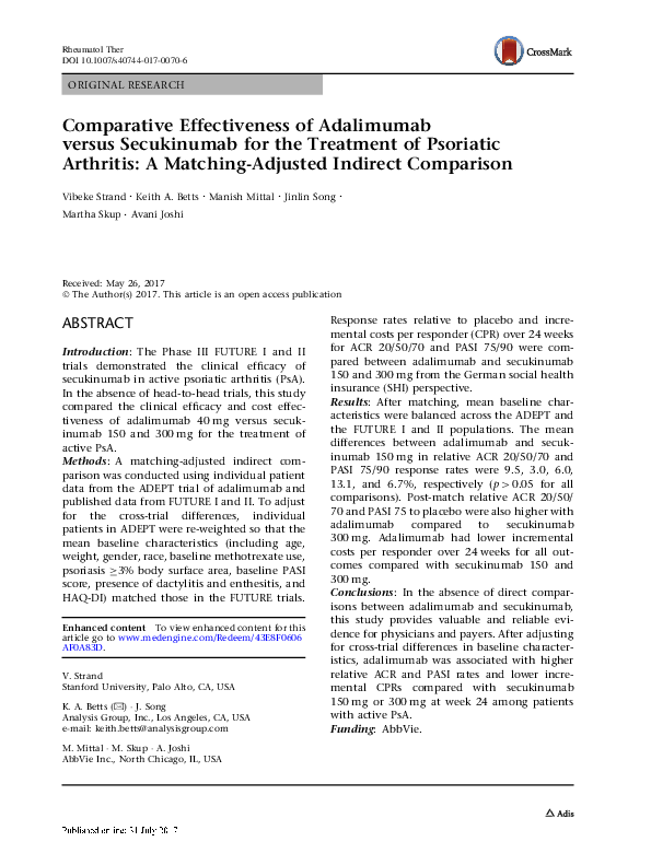 (PDF) Comparative Effectiveness of Adalimumab versus Secukinumab for ...