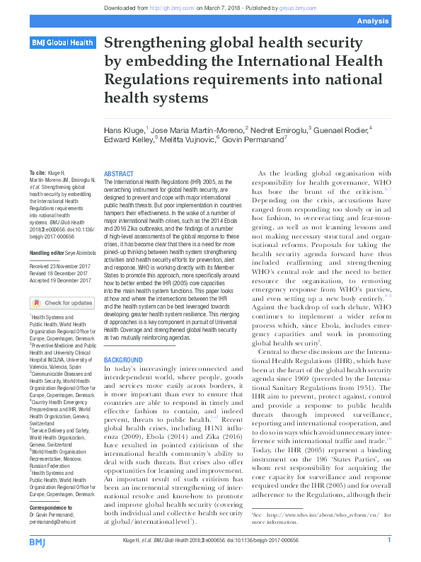 (PDF) Strengthening global health security by embedding the ...
