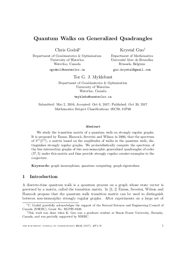 (PDF) Quantum Walks on Generalized Quadrangles