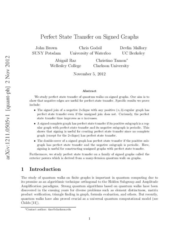 (PDF) Perfect state transfer on signed graphs