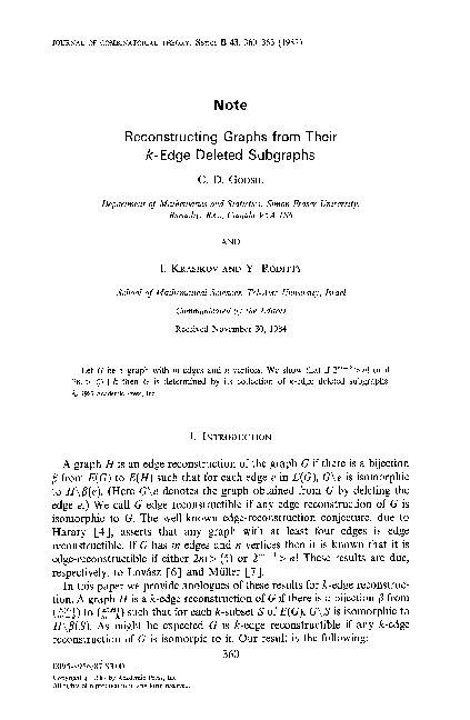 Pdf Reconstructing Graphs From Their K Edge Deleted Subgraphs