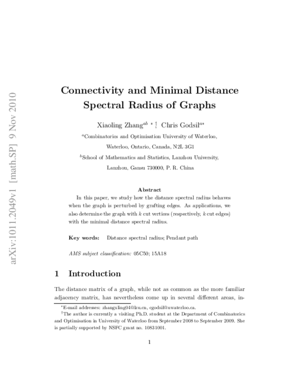 (PDF) Connectivity and minimal distance spectral radius of graphs