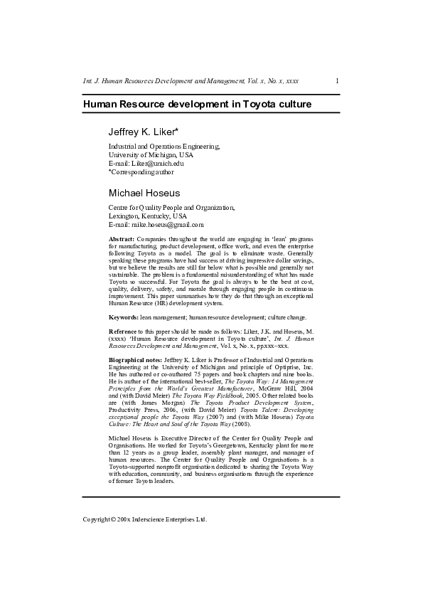(PDF) Human Resource development in Toyota culture
