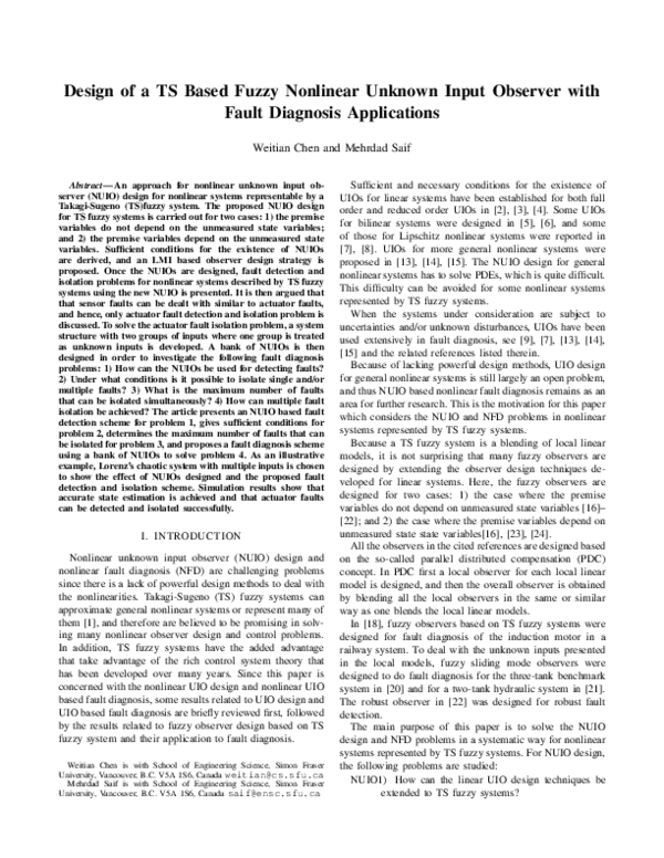 Pdf Fuzzy Nonlinear Unknown Input Observer Design With Fault