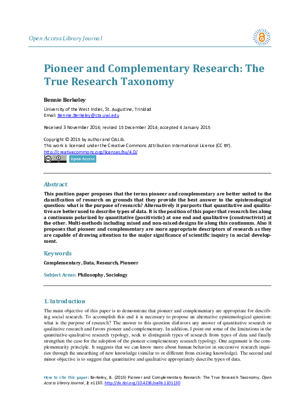 (PDF) Pioneer and Complementary Research: The True Research Taxonomy ...