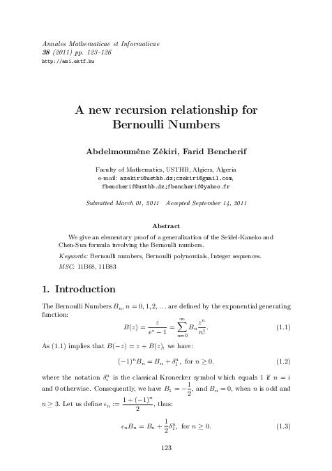 (PDF) A new recursion relationship for Bernoulli Numbers