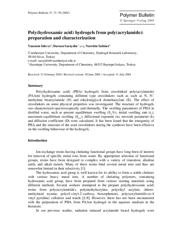(PDF) Poly(hydroxamic acid) hydrogels from poly(acrylamide ...