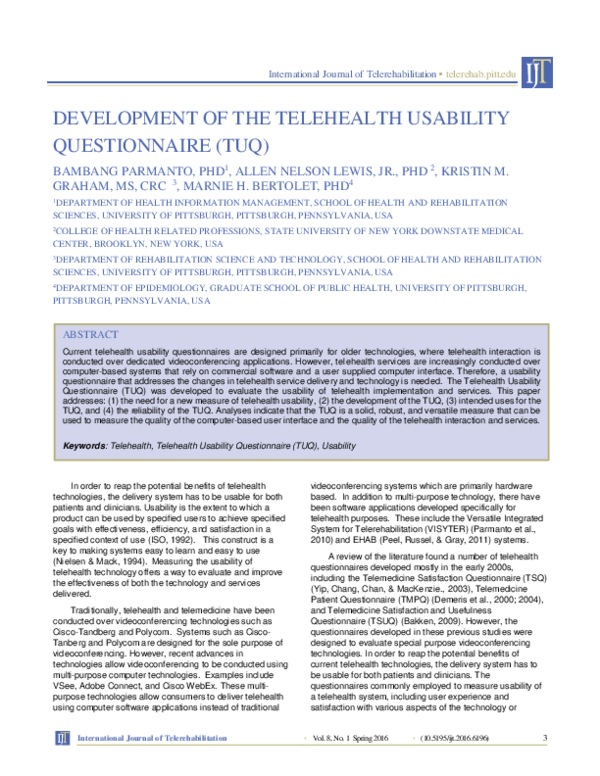 (PDF) Development of the Telehealth Usability Questionnaire (TUQ)