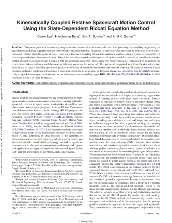 (PDF) Kinematically Coupled Relative Spacecraft Motion Control Using the State-Dependent Riccati ...
