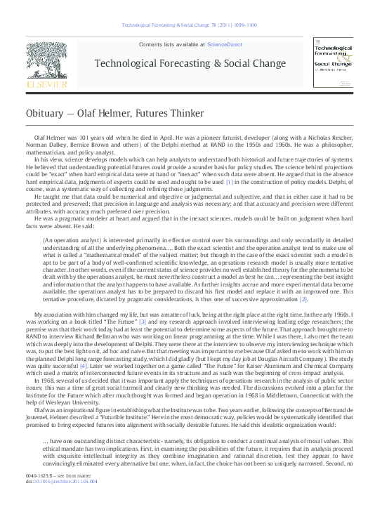 (PDF) Obituary — Olaf Helmer, Futures Thinker