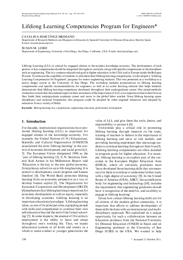 (PDF) Lifelong Learning Competencies Program for Engineers | Susan Lord ...