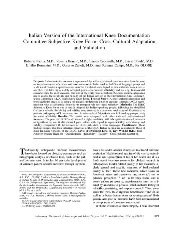 (PDF) Italian version of the international knee documentation committee subjective knee form ...