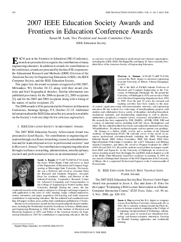 (PDF) 2007 IEEE Education Society Awards and Frontiers in Education ...