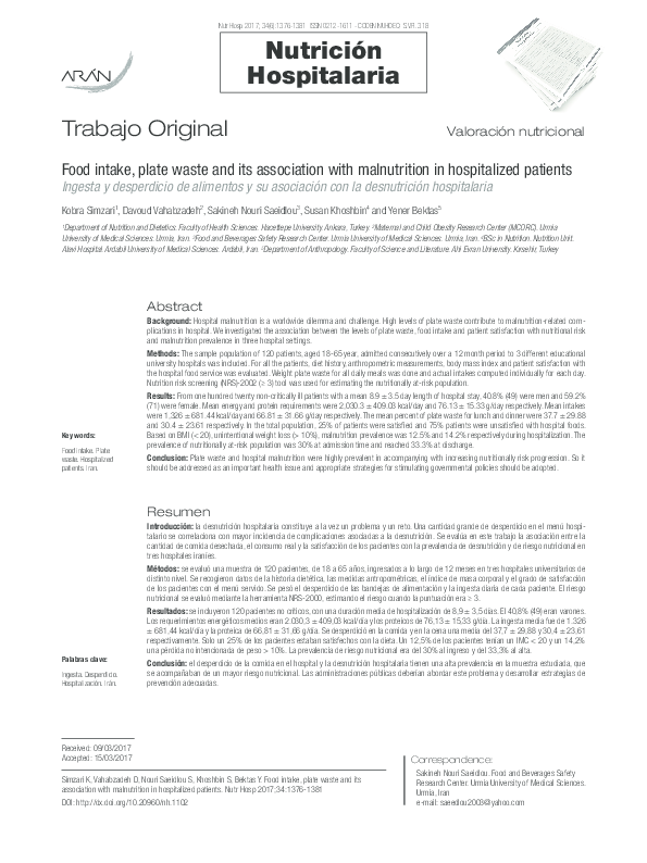 (PDF) Food intake, plate waste and its association with malnutrition in ...