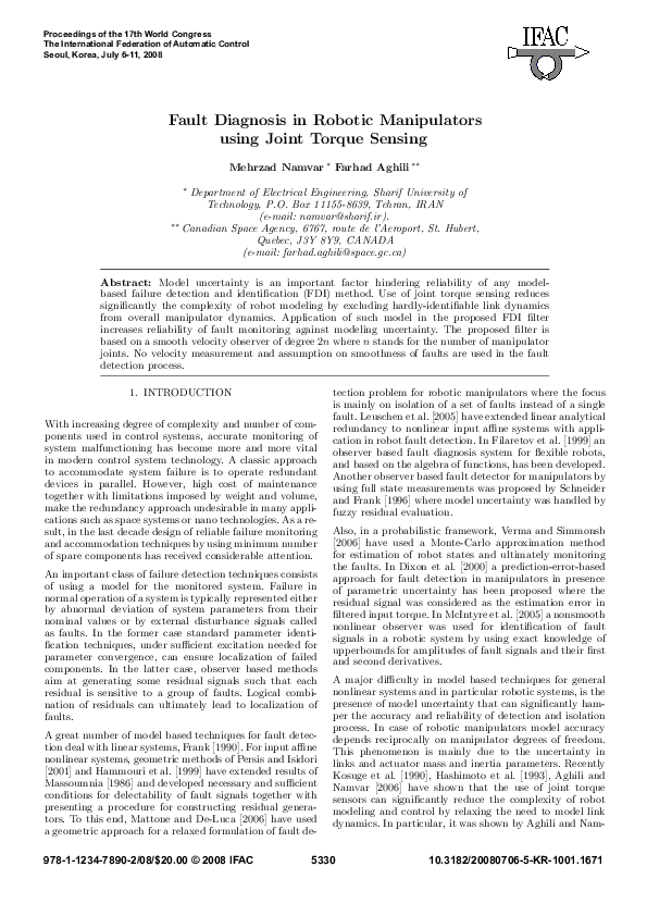 Pdf Fault Diagnosis In Robotic Manipulators Using Joint Torque Sensing