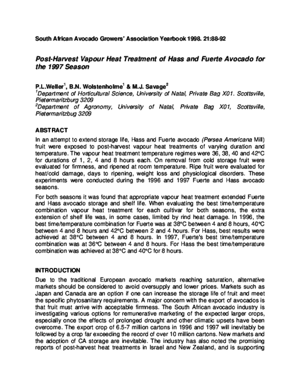 (PDF) Post-harvest vapour heat treatment of Hass and Fuerte avocado