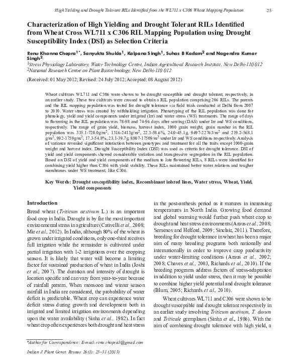 (PDF) Characterization of High Yielding and Drought Tolerant RILs ...