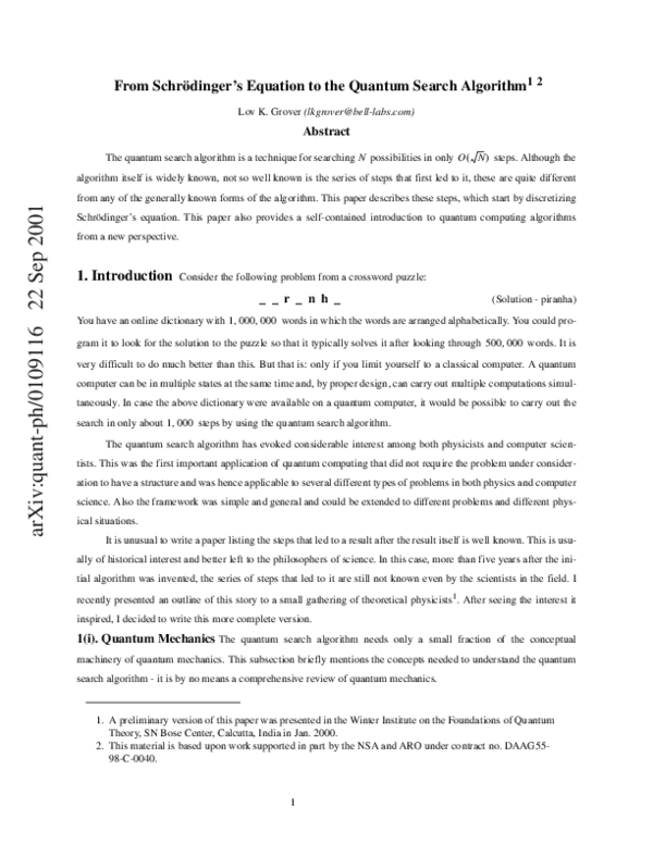 (PDF) From Schrödinger’s equation to the quantum search algorithm