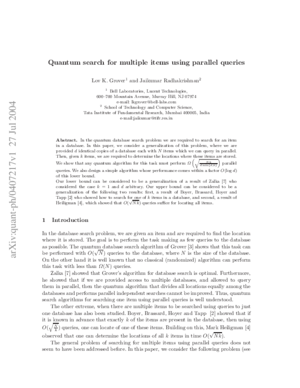 (PDF) Quantum search for multiple items using parallel queries