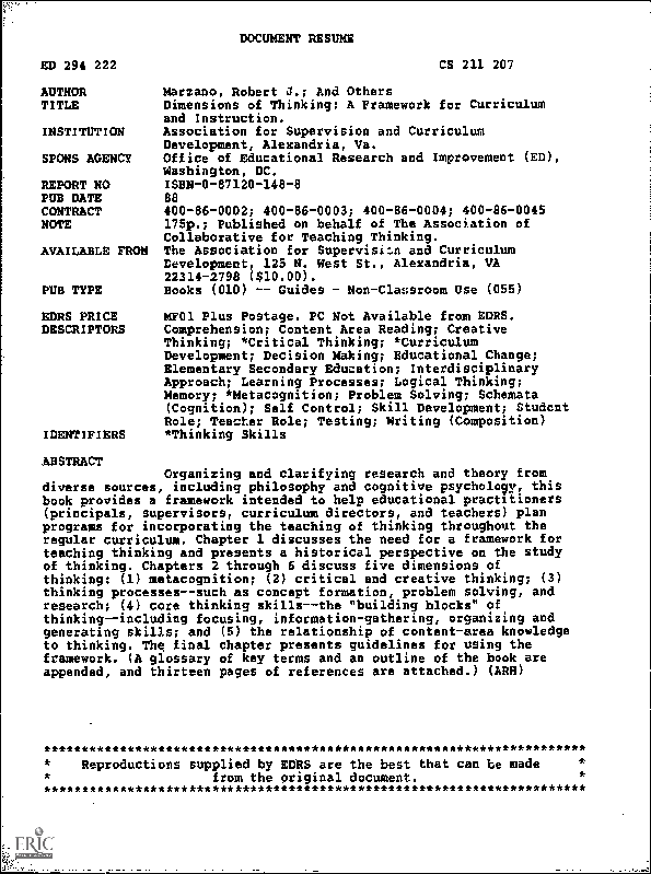 (PDF) Dimensions of Thinking: A Framework for Curriculum and Instruction
