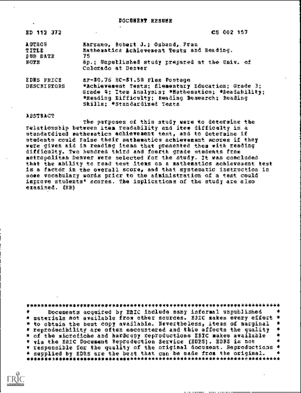 (PDF) Mathematics Achievement Tests and Reading