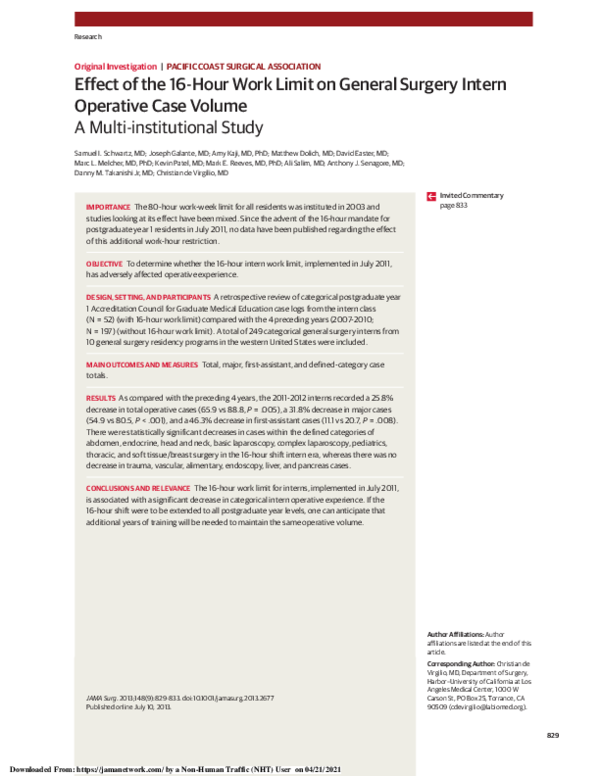 (PDF) Effect of the 16-hour work limit on general surgery intern ...