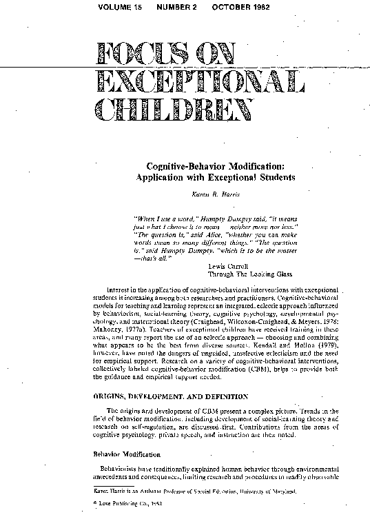 (PDF) Cognitive-Behavior Modification: Application with Exceptional Students
