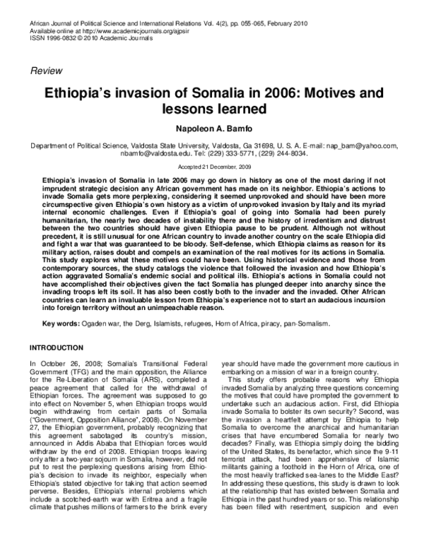 (PDF) Ethiopias invasion of Somalia in 2006: Motives and lessons learned