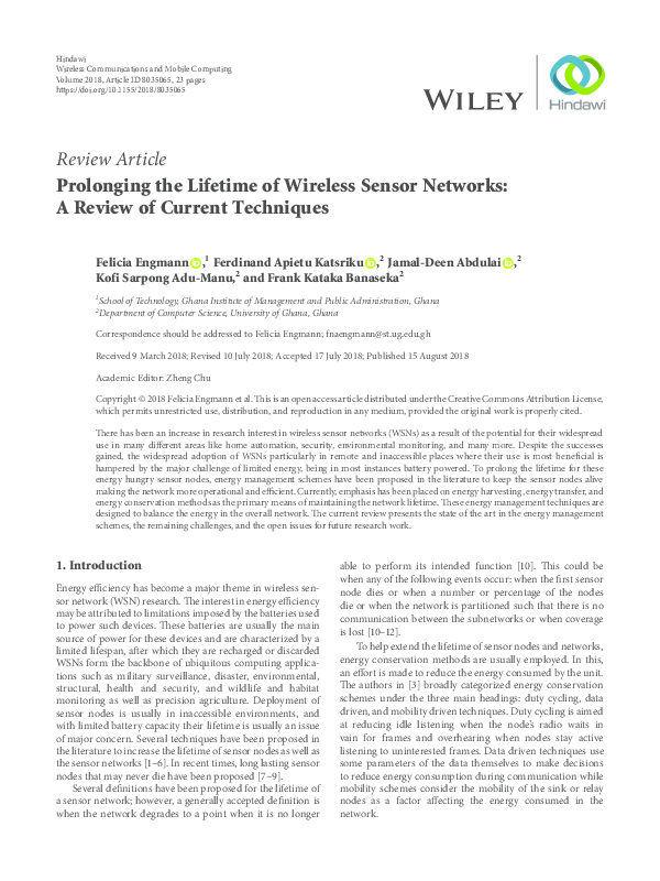 Pdf Prolonging The Lifetime Of Wireless Sensor Networks A Review Of Current Techniques 