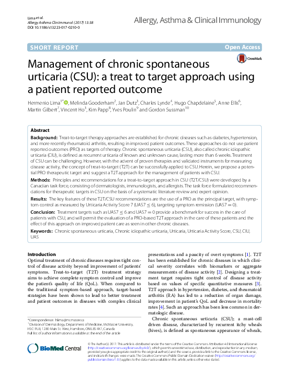 (PDF) Management of chronic spontaneous urticaria (CSU): a treat to ...