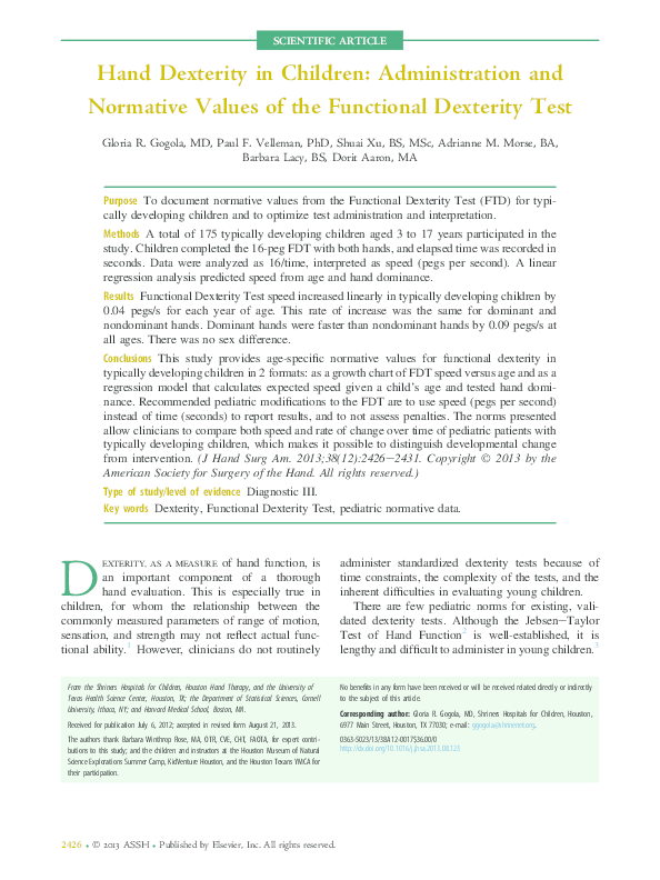 (PDF) Hand Dexterity in Children: Administration and Normative Values ...