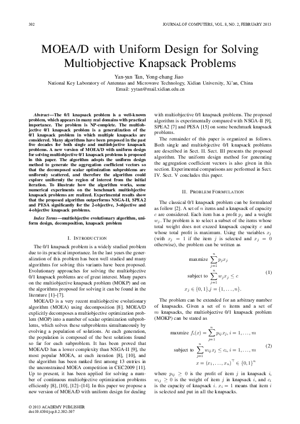 (PDF) MOEA/D with Uniform Design for Solving Multiobjective Knapsack Problems