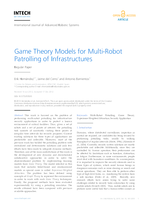 Pdf Game Theory Models For Multi Robot Patrolling Of Infrastructures