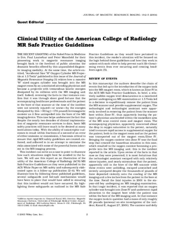 (PDF) Clinical utility of the American College of Radiology MR Safe ...
