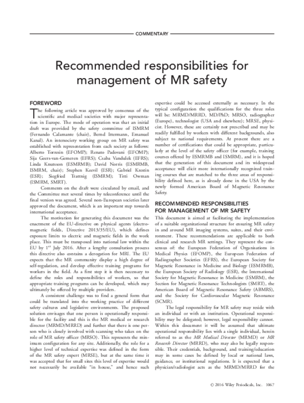 (PDF) Recommended responsibilities for management of MR safety