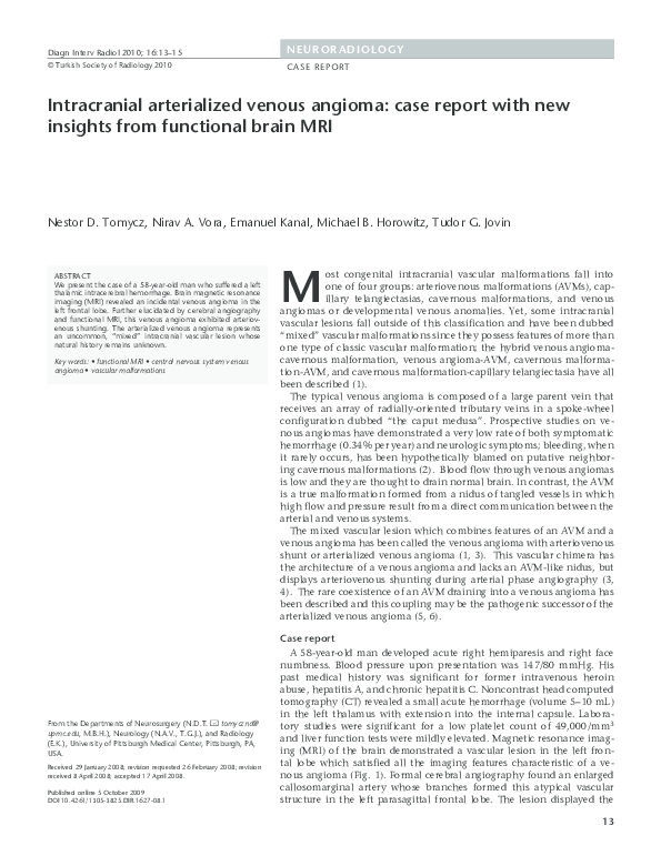 (PDF) Intracranial arterialized venous angioma: case report with new ...