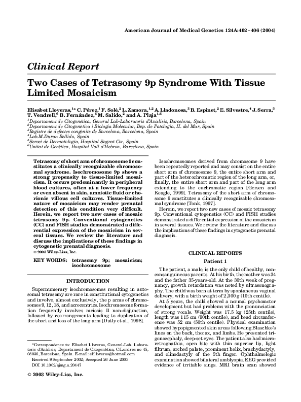 (PDF) Two cases of tetrasomy 9p syndrome with tissue limited mosaicism
