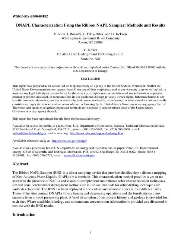 DNAPL characterization using the Ribbon NAPL sampler: Methods and results