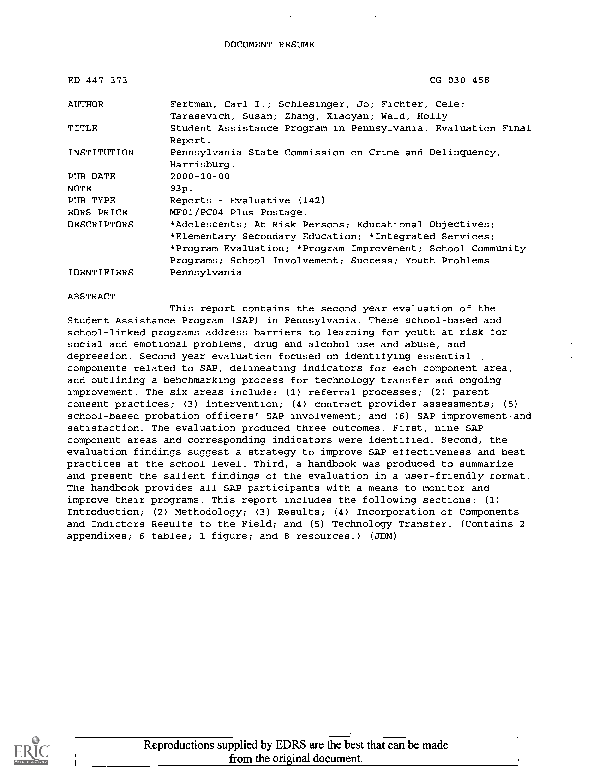 (PDF) Student Assistance Program in Pennsylvania. Evaluation Final Report